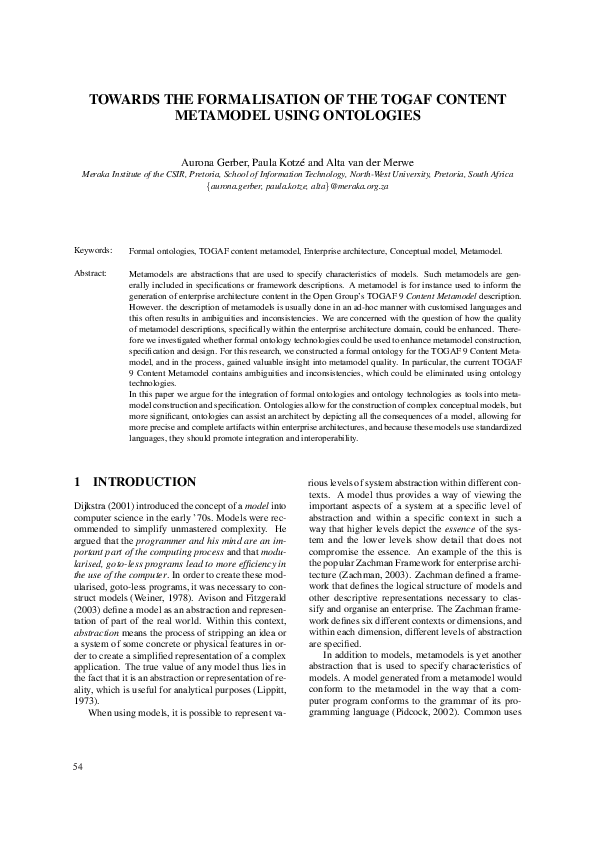 Pdf Towards The Formalisation Of The Togaf Content Metamodel Using Ontologies