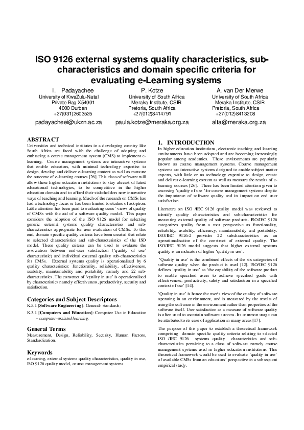 (PDF) ISO 9126 external systems quality characteristics, sub-characteristics and domain specific ...