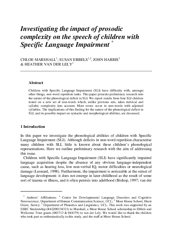 (PDF) Investigating the impact of prosodic complexity on the speech of children with Specific ...