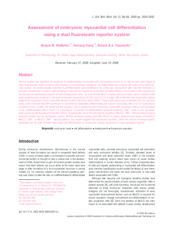 (PDF) Assessment of embryonic myocardial cell differentiation using a ...