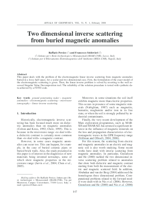 (PDF) Two dimensional inverse scattering from buried magnetic anomalies