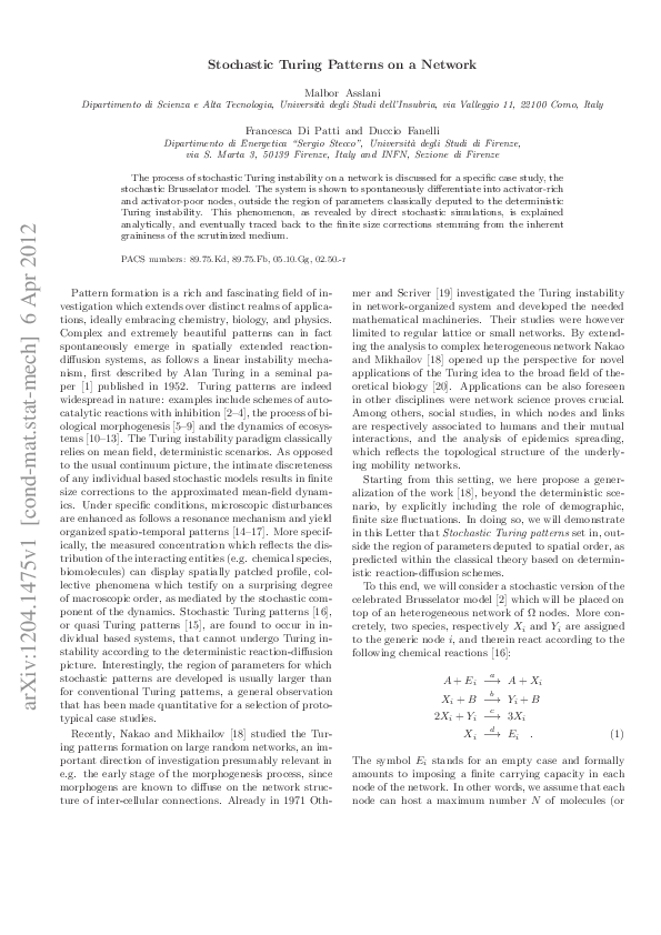 (PDF) Stochastic Turing patterns on a network
