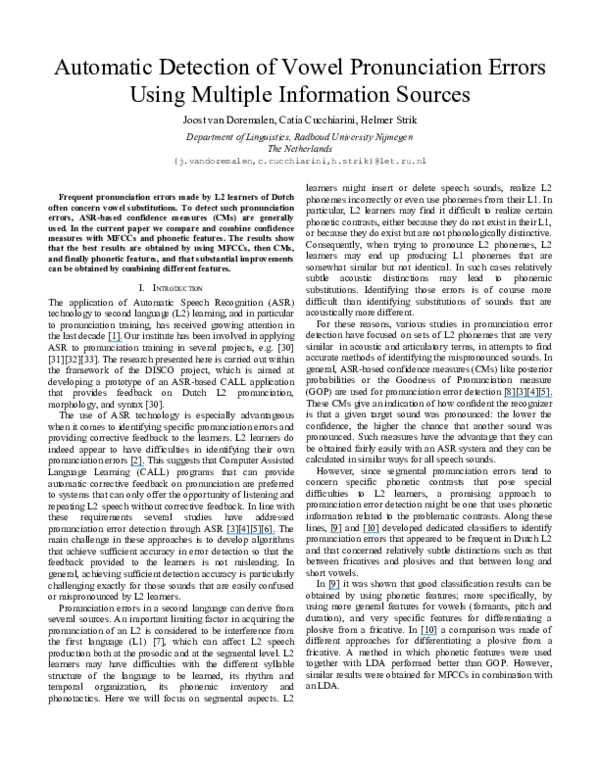 (PDF) Automatic detection of vowel pronunciation errors using multiple information sources