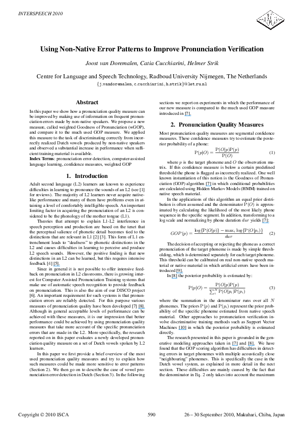 Pdf Using Non Native Error Patterns To Improve Pronunciation Verification