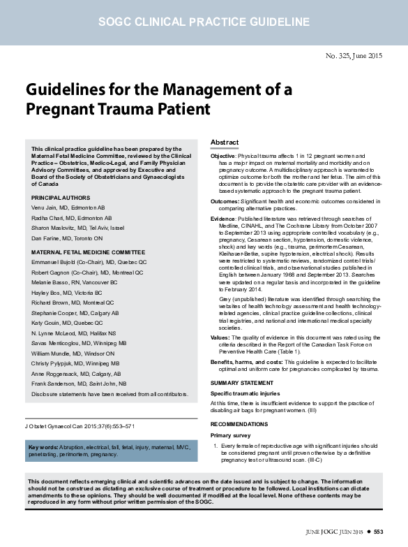 SOGC ClINICAl PRACTICE GUIDElINE Guidelines for the Management of a Pregnant Trauma Patient ...