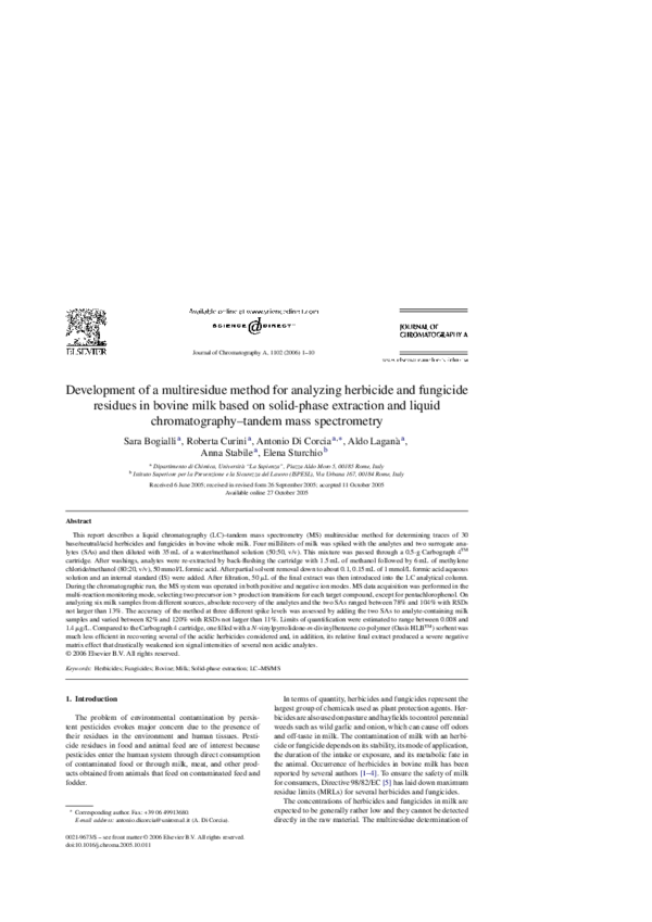 (PDF) Development of a multiresidue method for analyzing herbicide and fungicide residues in ...
