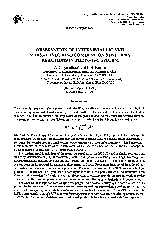 (PDF) Observation of intermetallic Ni 3Ti whiskers during combustion synthesis reactions in the ...