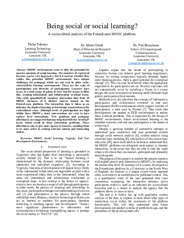 (PDF) Being social or social learning? A sociocultural analysis of the ...