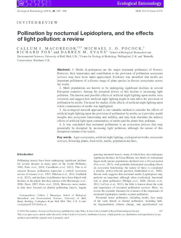 (PDF) Pollination by nocturnal Lepidoptera, and the effects of light ...