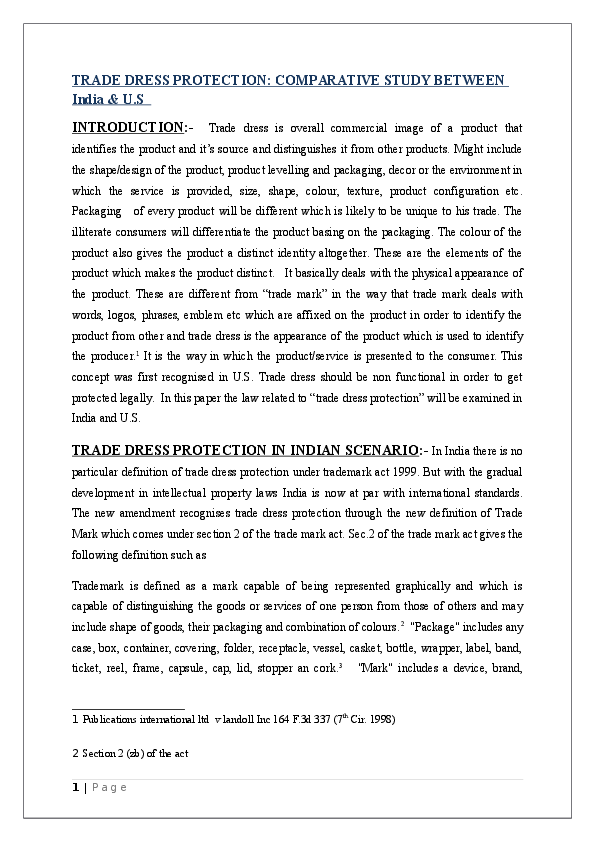 (DOC) Trade Dress Protection: Comparative Analysis Between USA and India