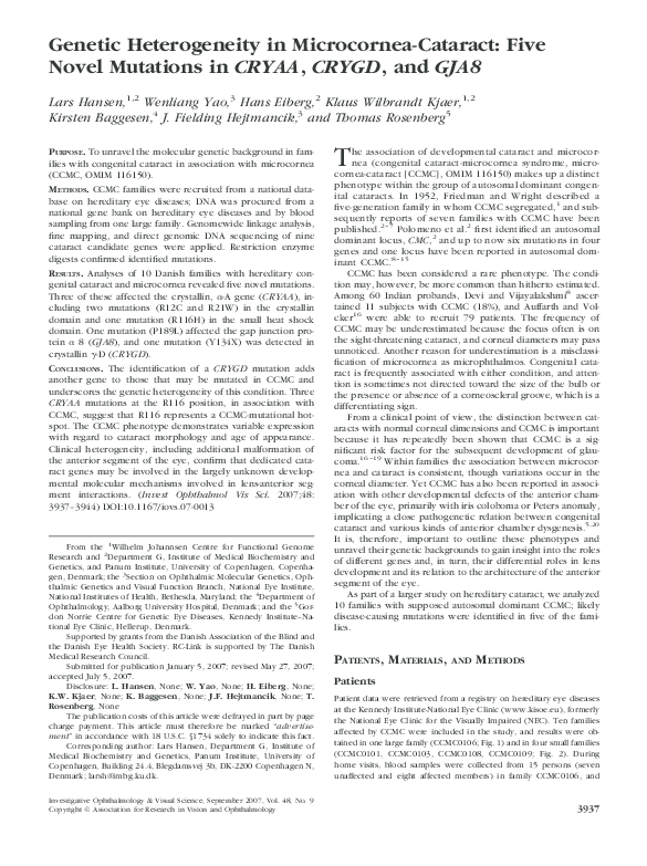 (PDF) Genetic Heterogeneity in Microcornea-Cataract: Five Novel Mutations in CRYAA, CRYGD, and GJA8