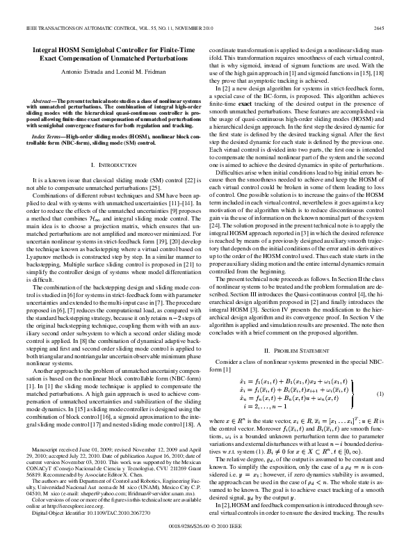(PDF) Integral HOSM Semiglobal Controller for Finite-Time Exact Compensation of Unmatched ...