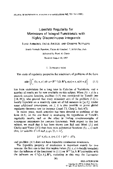 (PDF) Lipschitz regularity for minimizers of integral functionals with highly discontinuous ...