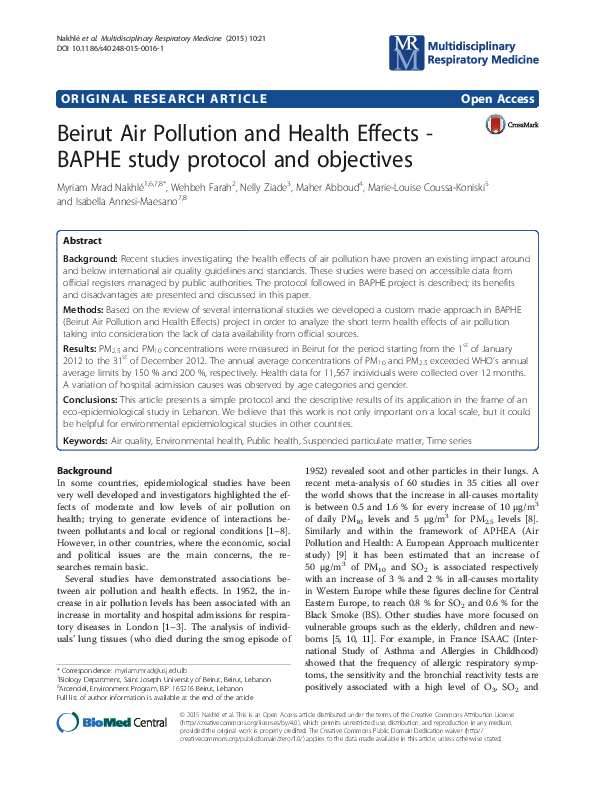(PDF) Beirut Air Pollution and Health Effects - BAPHE study protocol ...