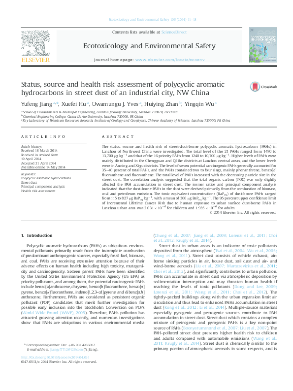 (PDF) Status,source and health risk assessment of polycyclic aromatic hydrocarbons in street ...