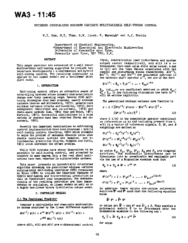 Pdf Extended Generalised Minimum Variance Multivariable Self Tuning