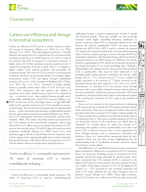 (PDF) Carbon use efficiency and storage in terrestrial ecosystems