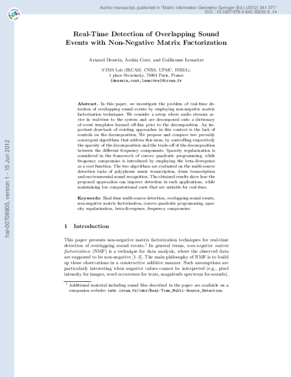 (PDF) Real-Time Detection of Overlapping Sound Events with Non-Negative Matrix Factorization