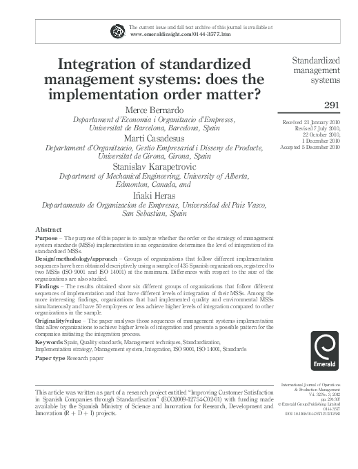 (PDF) Integration of standardized management systems: does the ...