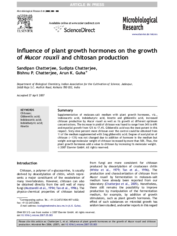 (PDF) Influence of plant growth hormones on the growth of Mucor rouxii and chitosan production