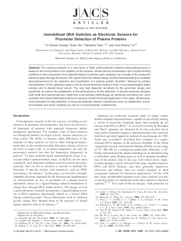 (PDF) Immobilized DNA Switches as Electronic Sensors for Picomolar ...