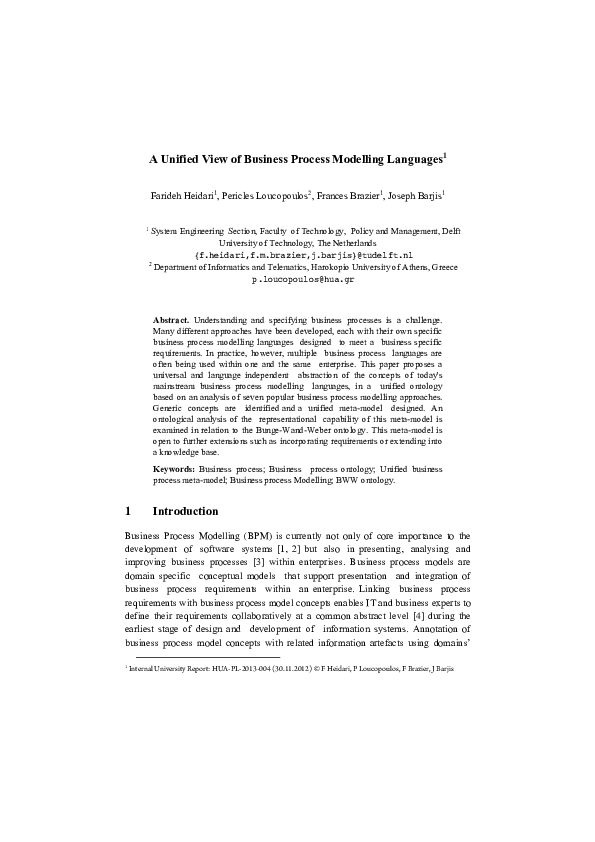 (PDF) A Unified View of Business Process Modelling Languages1