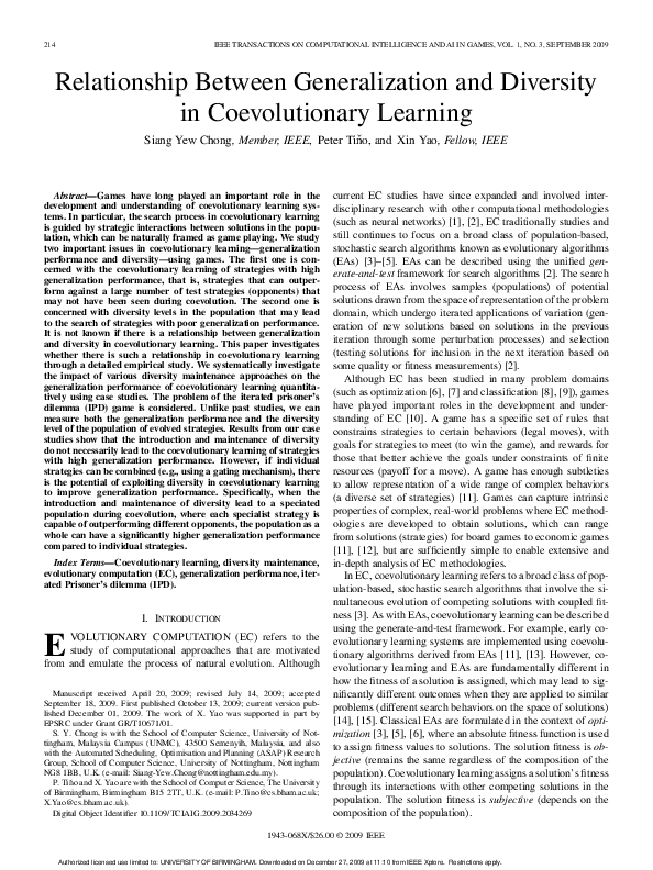 (PDF) Relationship Between Generalization and Diversity in Coevolutionary Learning