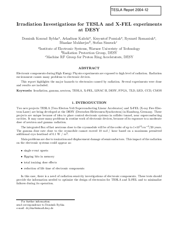(PDF) Irradiation Investigations for TESLA and X-FEL experiments at DESY