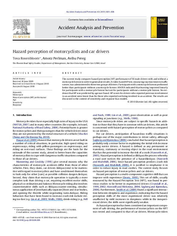 (PDF) Hazard perception of motorcyclists and car drivers | Amotz ...