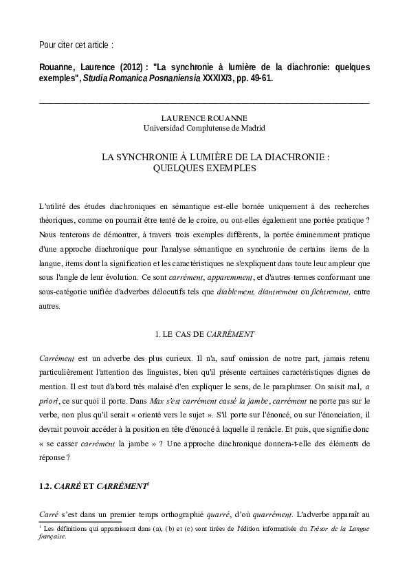 (DOC) La synchronie à lumière de la diachronie: quelques exemples