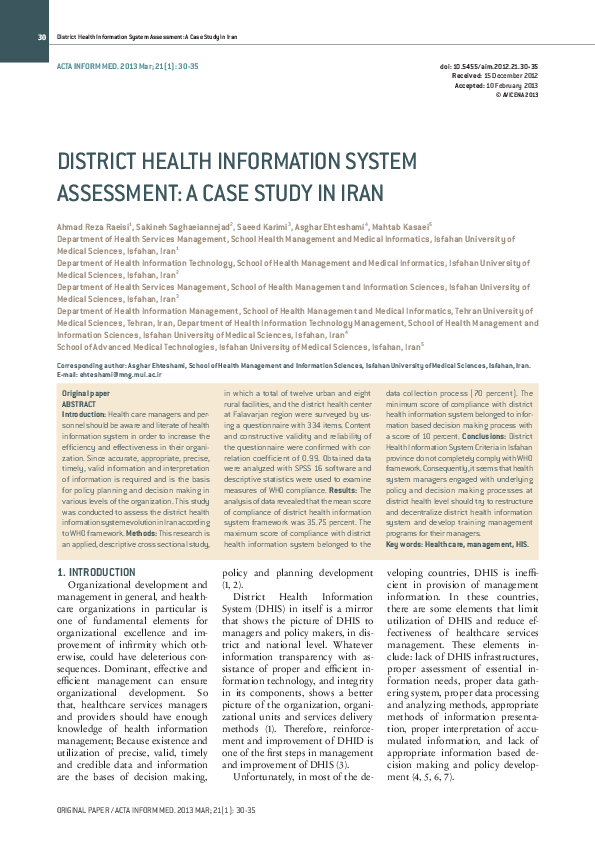 (PDF) District Health Information System Assessment: A Case Study in Iran