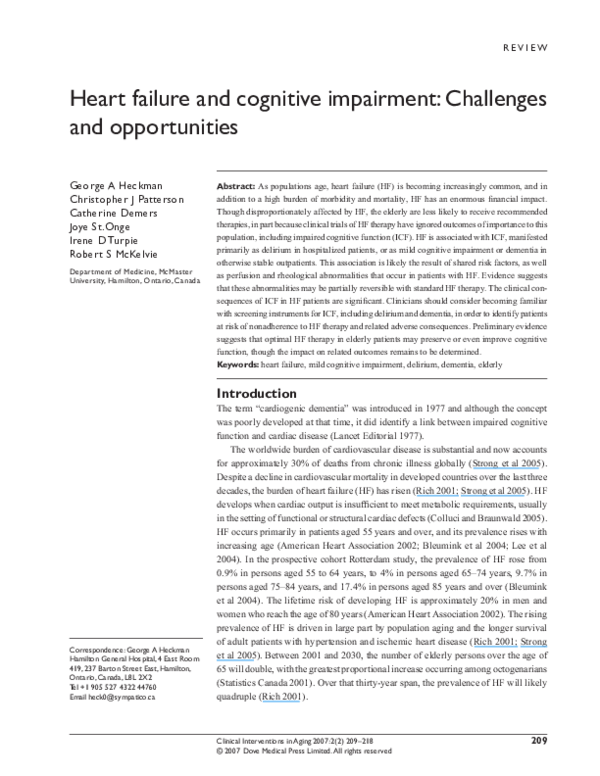 (PDF) Heart failure and cognitive impairment: challenges and opportunities