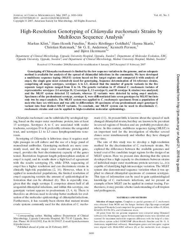 (PDF) High-Resolution Genotyping of Chlamydia trachomatis Strains by Multilocus Sequence Analysis