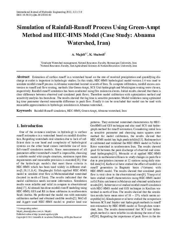(PDF) Simulation of Rainfall-Runoff Process Using Green-Ampt Method and HEC-HMS Model (Case ...