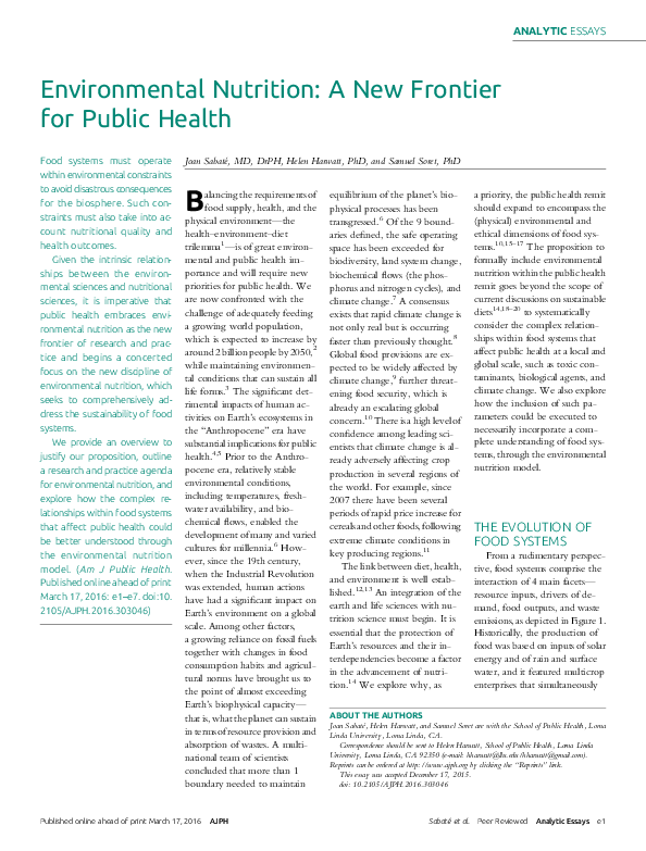 (PDF) Environmental Nutrition: A New Frontier for Public Health