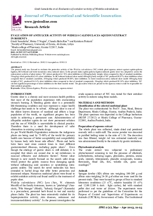 (PDF) EVALUATION OF ANTIULCER ACTIVITY OF WEDELIA CALENDULACEA AQUEOUS ...