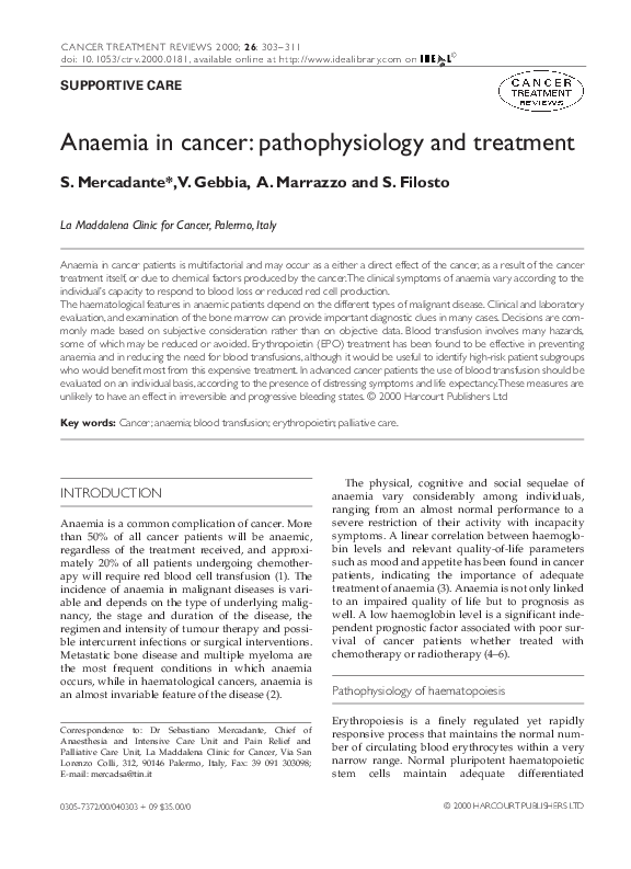 (PDF) Anaemia in cancer: pathophysiology and treatment