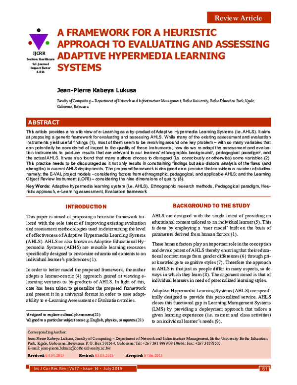 (PDF) A FRAMEWORK FOR A HEURISTIC APPROACH TO EVALUATING AND ASSESSING ADAPTIVE HYPERMEDIA ...