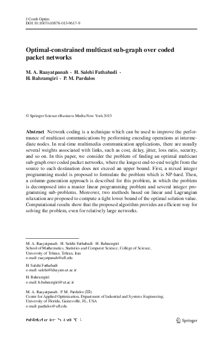 Pdf Optimal Constrained Multicast Sub Graph Over Coded Packet Networks