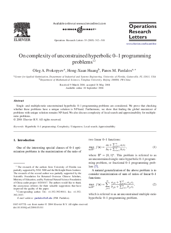 (PDF) On complexity of unconstrained hyperbolic 0–1 programming problems