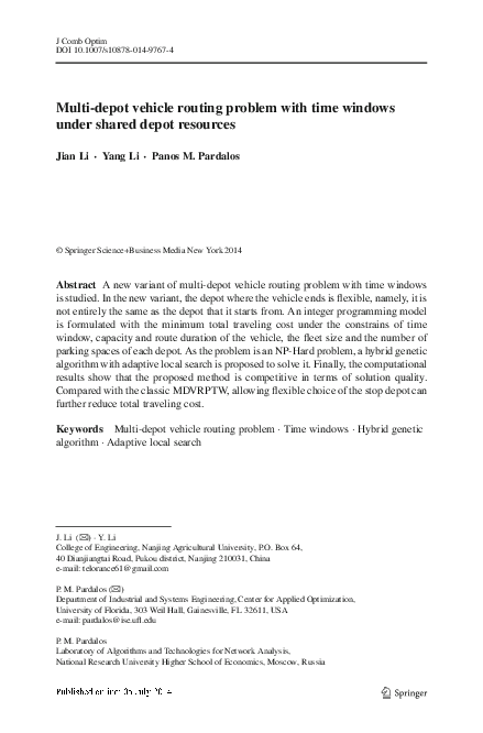 (PDF) Multi-depot vehicle routing problem with time windows under ...
