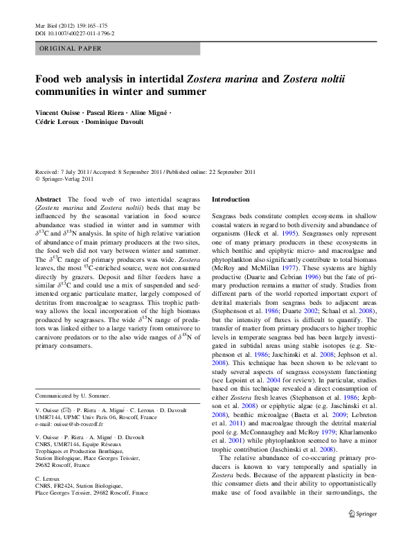 (PDF) Food web analysis in intertidal Zostera marina and Zostera noltii ...