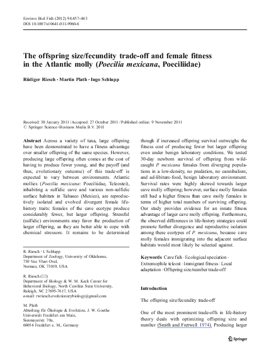 (PDF) The offspring size/fecundity trade-off and female fitness in the ...