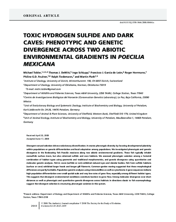 (PDF) TOXIC HYDROGEN SULFIDE AND DARK CAVES: PHENOTYPIC AND GENETIC ...