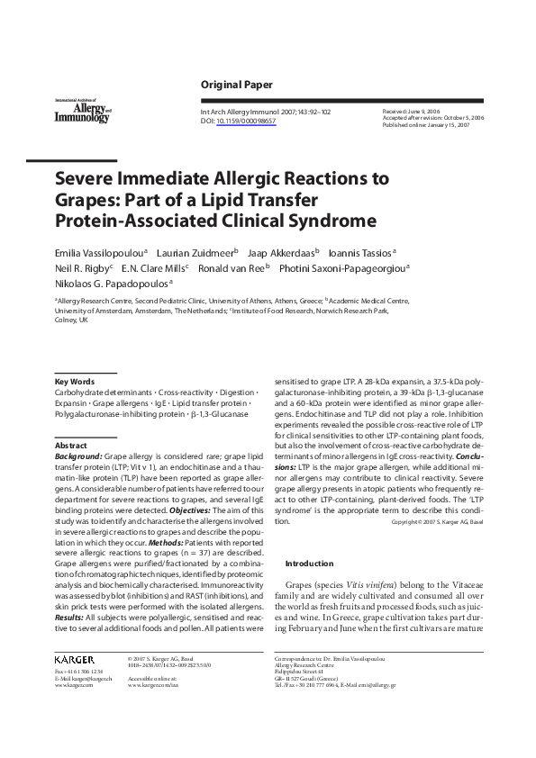 (PDF) Severe Immediate Allergic Reactions to Grapes: Part of a Lipid ...