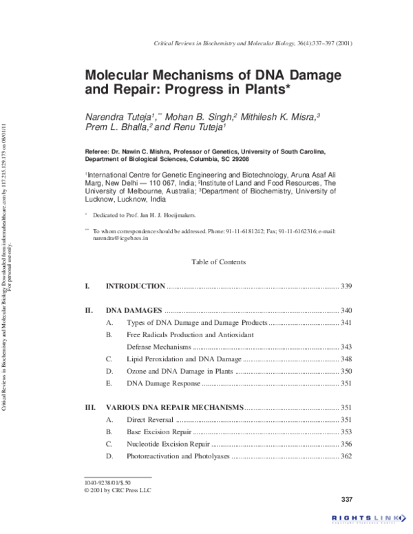 (PDF) Molecular Mechanisms of DNA Damage and Repair: Progress in Plants
