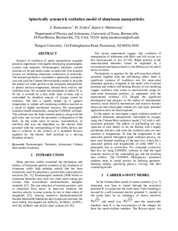 (PDF) Spherically symmetric oxidation model of aluminum nanoparticles