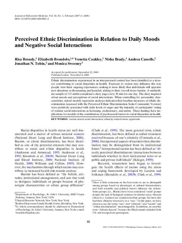 (PDF) Perceived Ethnic Discrimination in Relation to Daily Moods and ...