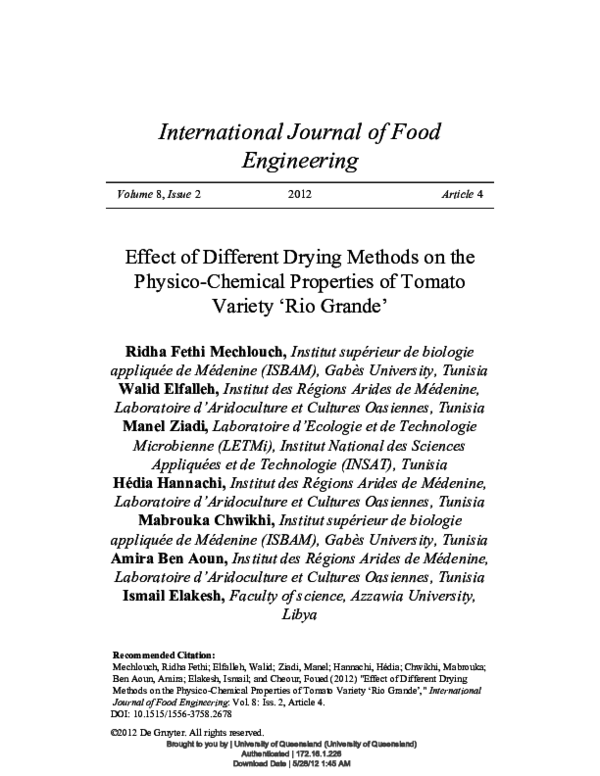(PDF) Effect of Different Drying Methods on the Physico-Chemical Properties of Tomato