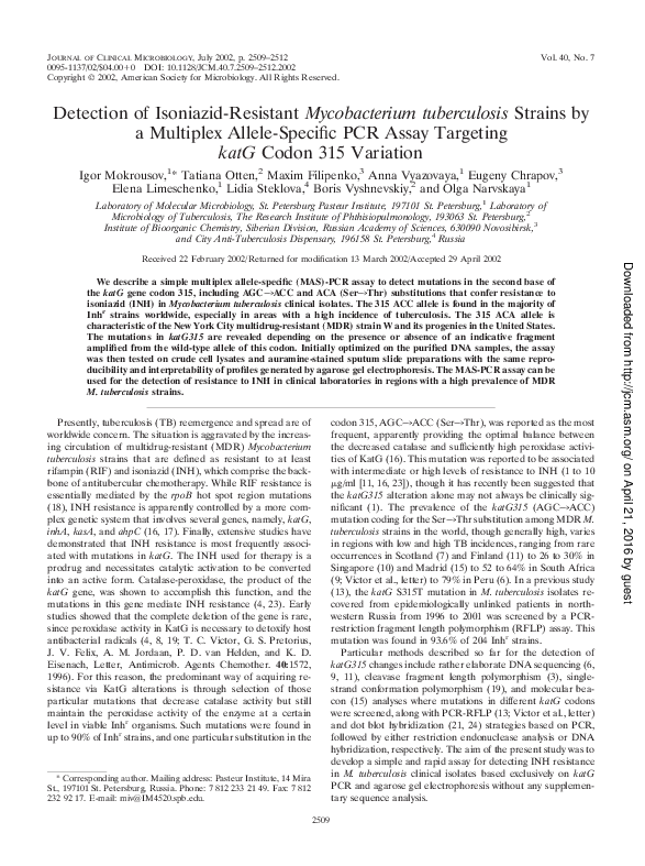 (PDF) Detection of Isoniazid-Resistant Mycobacterium tuberculosis Strains by a Multiplex Allele ...